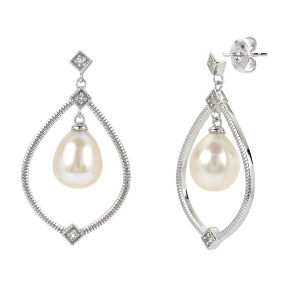 9 10mm Fresh Water Cultured Pearl and White Topaz Sterling Silver Drop Earrings