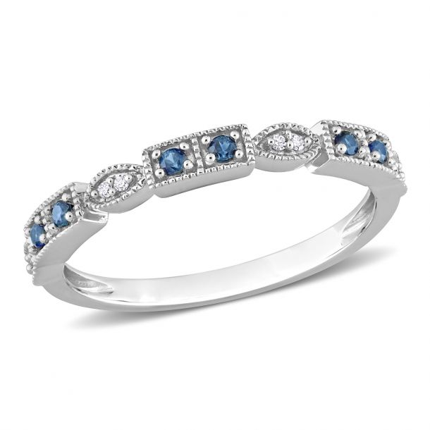 Blue Sapphire and 1/20ctw Diamond Vintage-Inspired White Gold Stackable ...