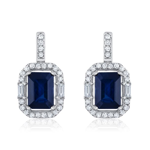 Blue Sapphire and 1/3ctw Diamond White Gold Drop Earrings - Watercolor ...