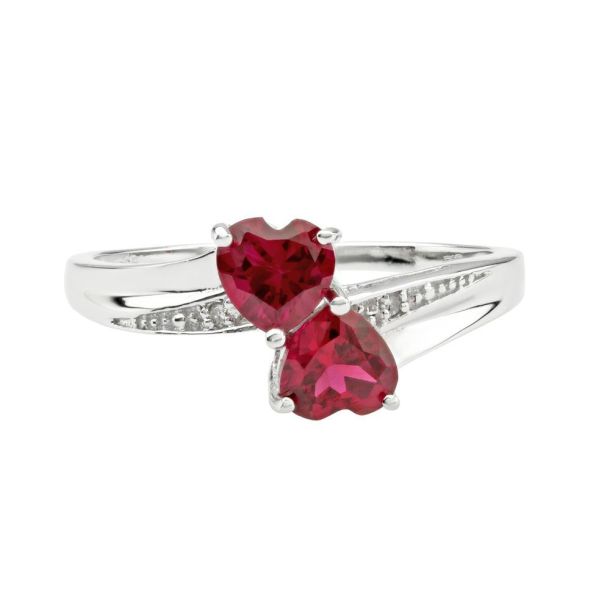 Created Ruby Double Heart and Diamond Accent Sterling Silver Ring ...