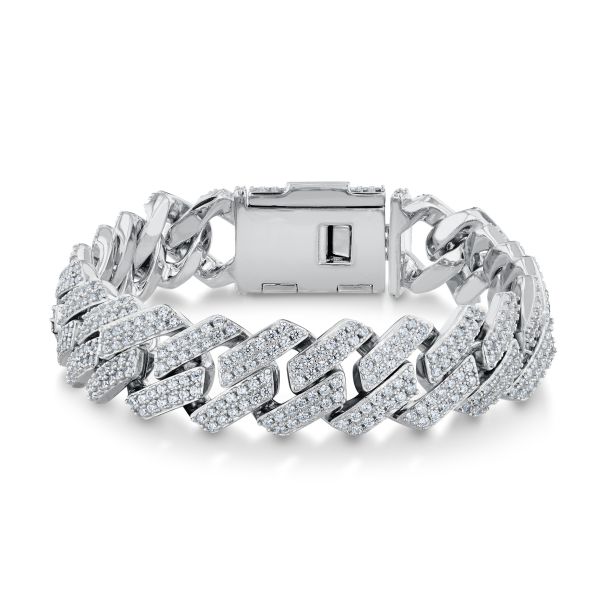 Cubic Zirconia and Sterling Silver Semi Solid Cuban Link Chain Bracelet 16mm 8.5 Inches