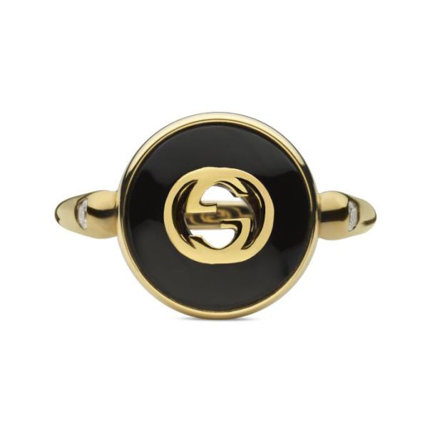 Gucci Interlocking Diamond Accent Black Onyx Yellow Gold Ring - Size 8 ...
