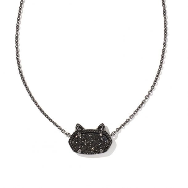 Kendra Scott Elisa Gunmetal Cat Pendant Necklace in Black Drusy REEDS Jewelers