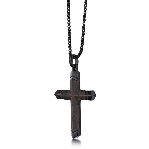 Men s Black Ion Plated Stainless Steel Ebony Wood Cross Pendant Necklace REEDS Jewelers