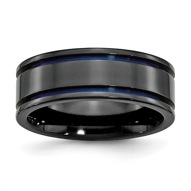 Black Titanium Blue Strip Grooved Band | 8mm | Men's | REEDS Jewelers