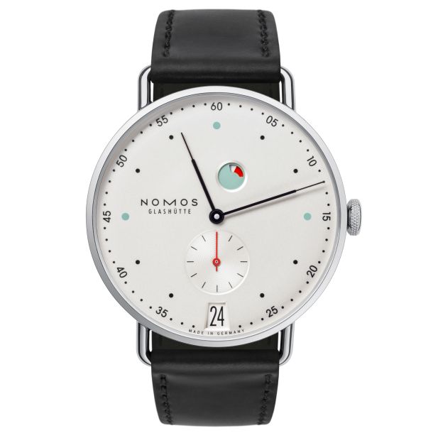 NOMOS Metro Date Power Reserve White Dial Black Leather Strap Watch ...
