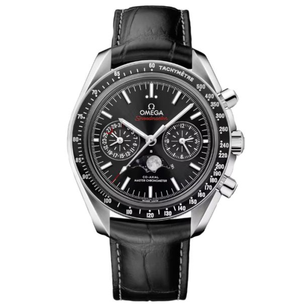 OMEGA Speedmaster Moonphase Black Dial Black Leather Strap Watch 44 ...