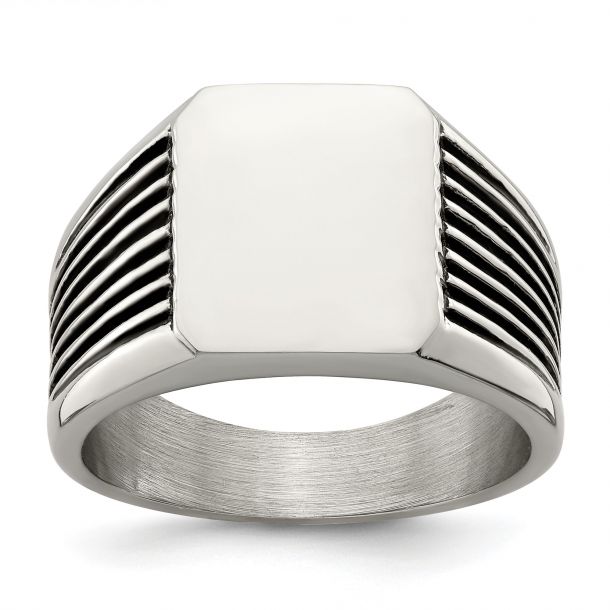 Polished Stainless Steel and Black Enamel Signet Ring | Men's | REEDS ...