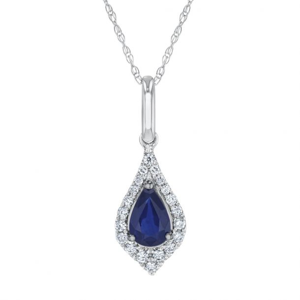 Pear Shaped Blue Sapphire and Diamond White Gold Pendant Necklace Watercolor Collection