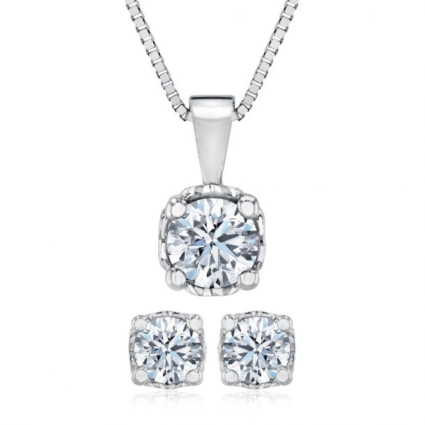 1 2ctw Round Diamond Solitaire Pendant Necklace and Stud Earring Box Set