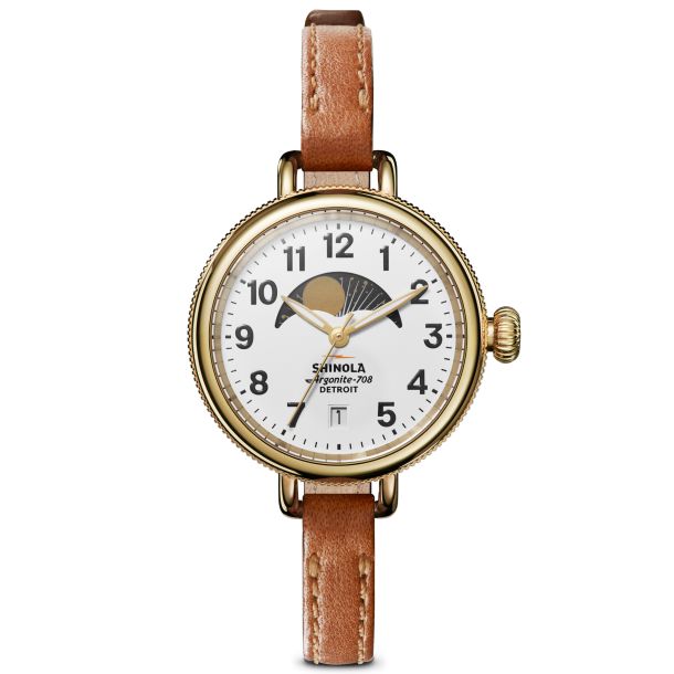 Shinola Birdy Moon Phase White Dial Brown Leather Strap Watch | 34mm ...