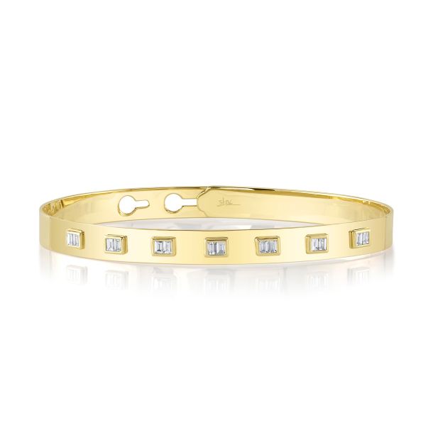 Shy Creation 1 2ctw Baguette Diamond Yellow Gold Latch Lock Bangle Bracelet