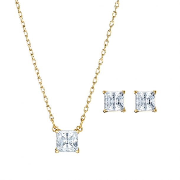 Swarovski Crystal Attract Clear Square Earrings and Necklace Set Gold Tone