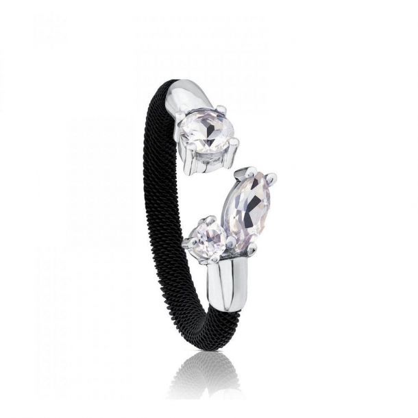 TOUS Black Ion Plated Stainless Steel and White Gold Eklat Open Ring ...