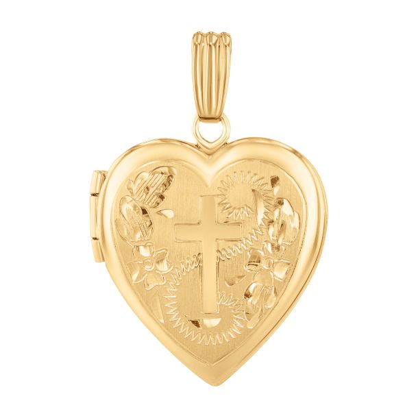 Yellow Gold Engraved Heart with Cross Locket Pendant | REEDS Jewelers