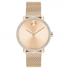 Ladies' Movado BOLD Crystal Bezel Rose Gold-Tone Stainless Steel Mesh ...