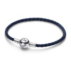 Pandora Moments Round Clasp Blue Braided Leather Bracelet | REEDS Jewelers