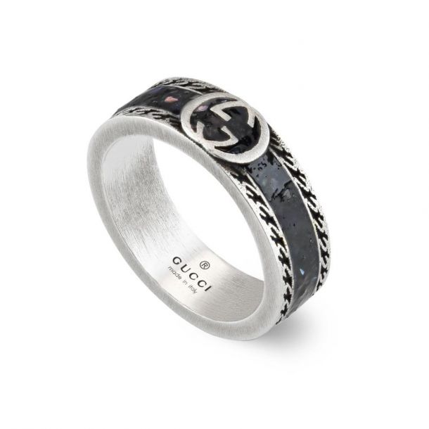 Gucci Interlocking G Black Enamel Sterling Silver Ring | 6mm | REEDS ...