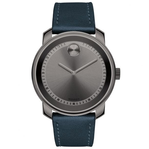 Men's Movado BOLD Gunmetal Ion-Plated and Blue Leather Strap Watch ...