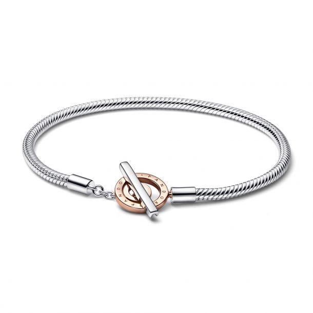 Pandora Signature Two-Tone Logo T-Bar Snake Chain Bracelet | Rose Gold ...