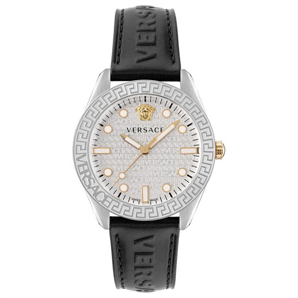 Versace Greca Dome Silver Dial Black Leather Strap Watch | 42mm ...